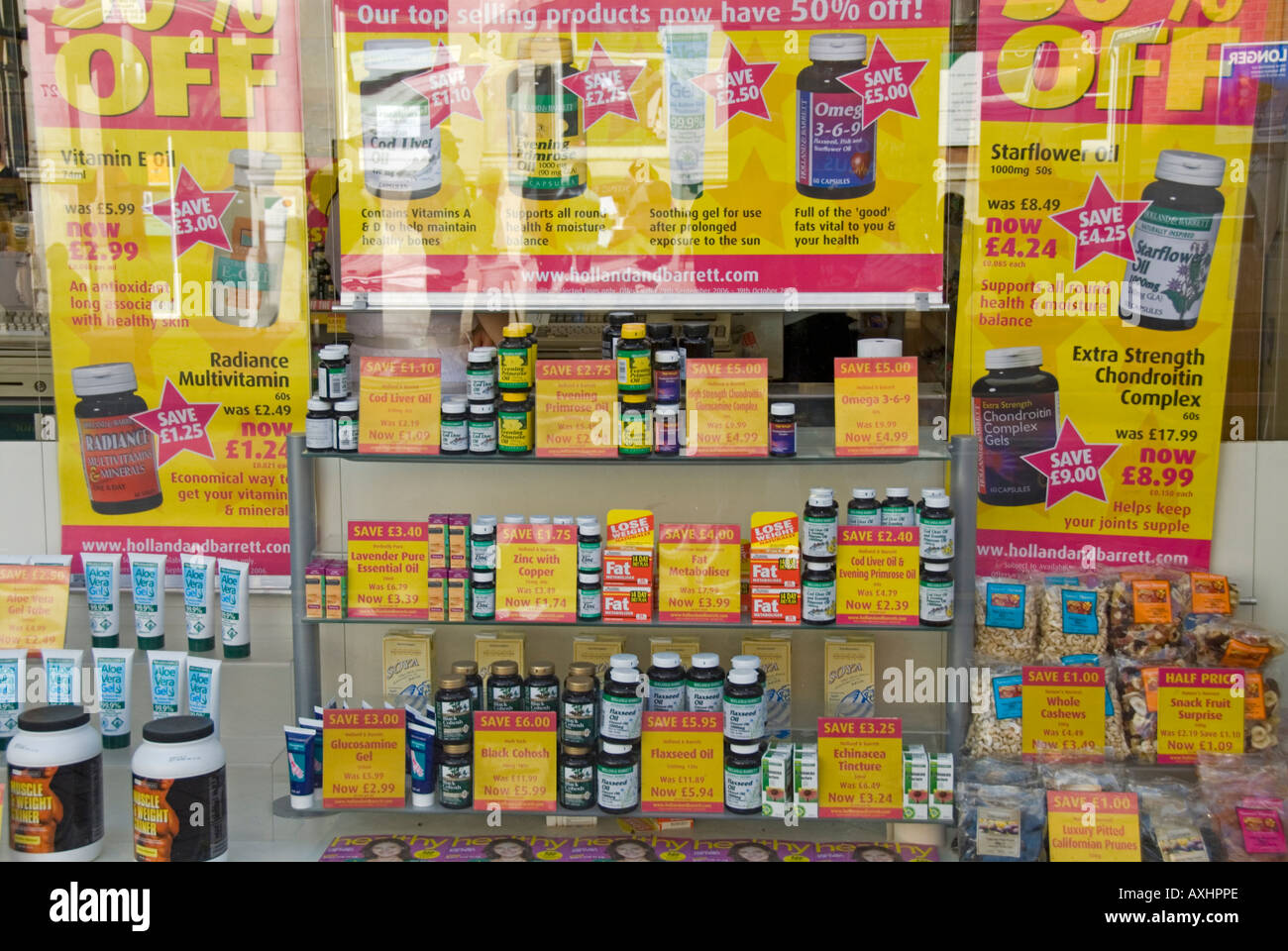 Health food shop window display Stock Photo - Alamy