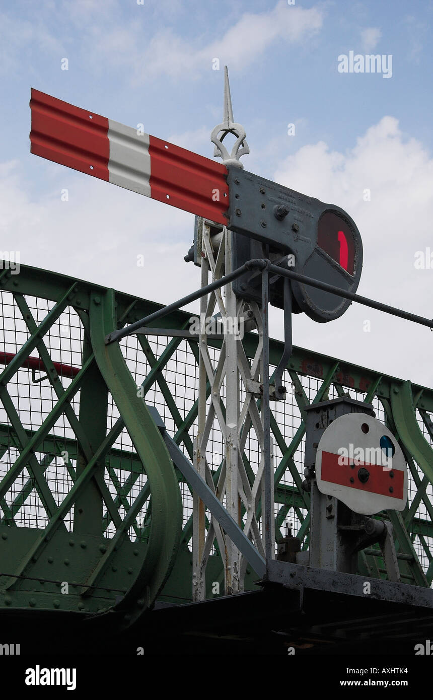 LSWR lower quadrant railway signal with disc signal, both at danger ...
