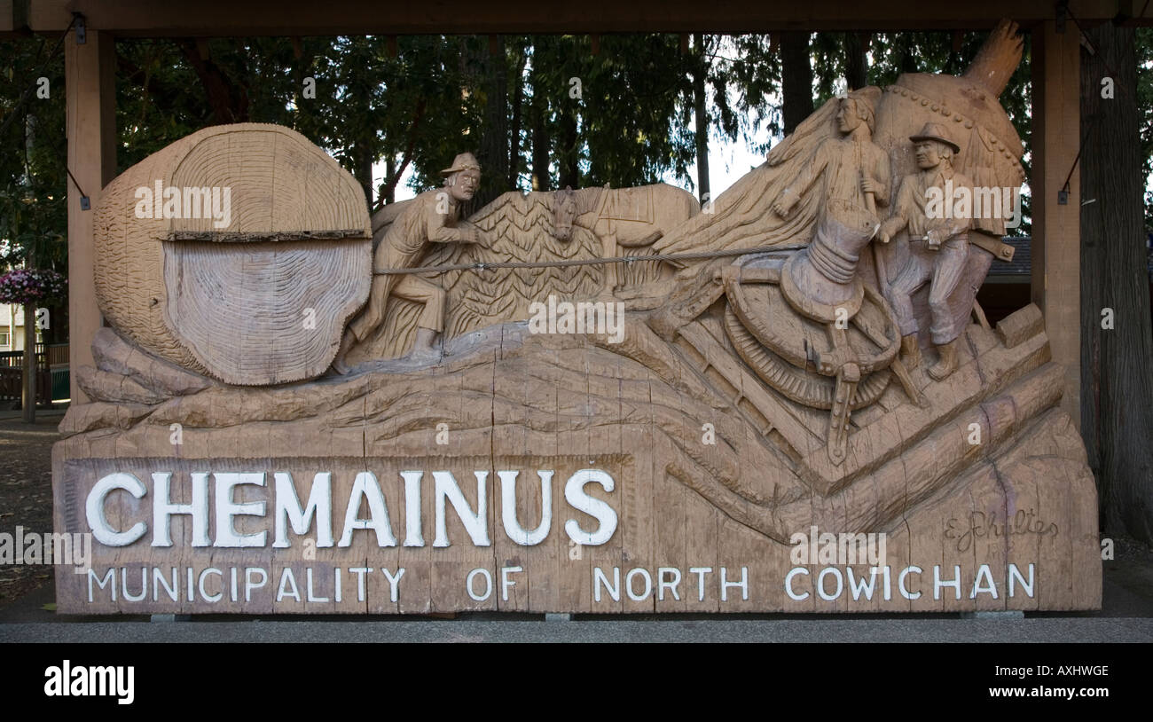 Carved wooden sculpture town sign of Chemainus once an important ...