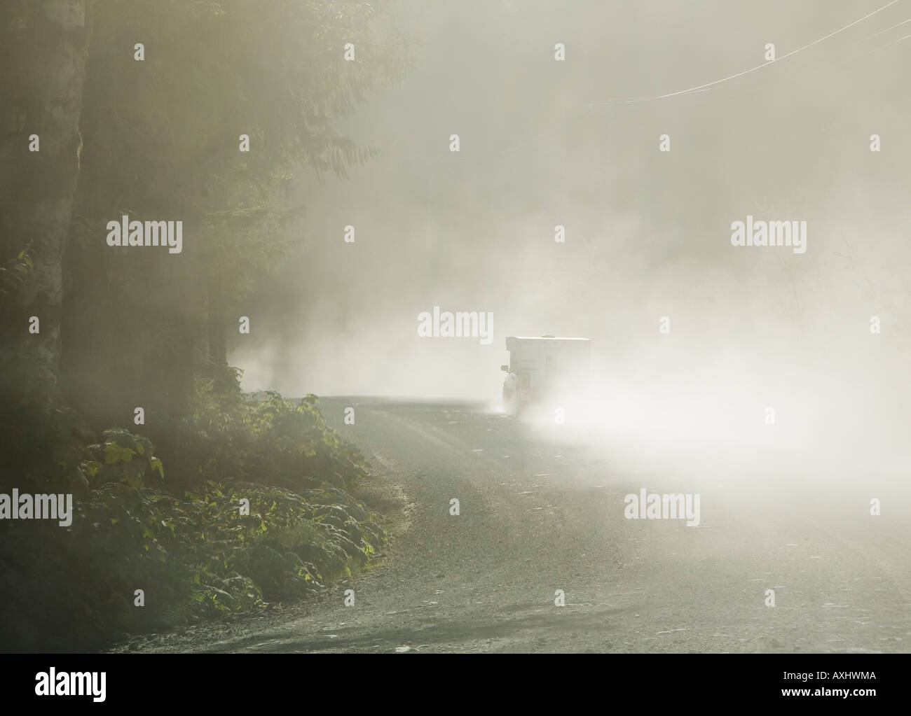 Vehicle throwing up dust on gravel logging road near Bamfield Vancouver ...