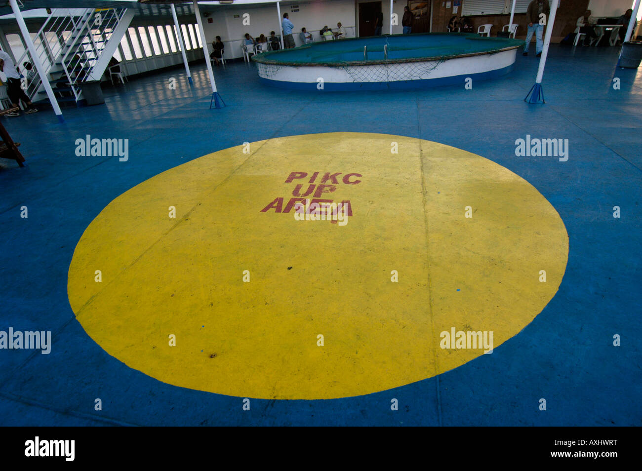 "Pikc" up area, wrong written on the deck of a ferry, greece Stock ...