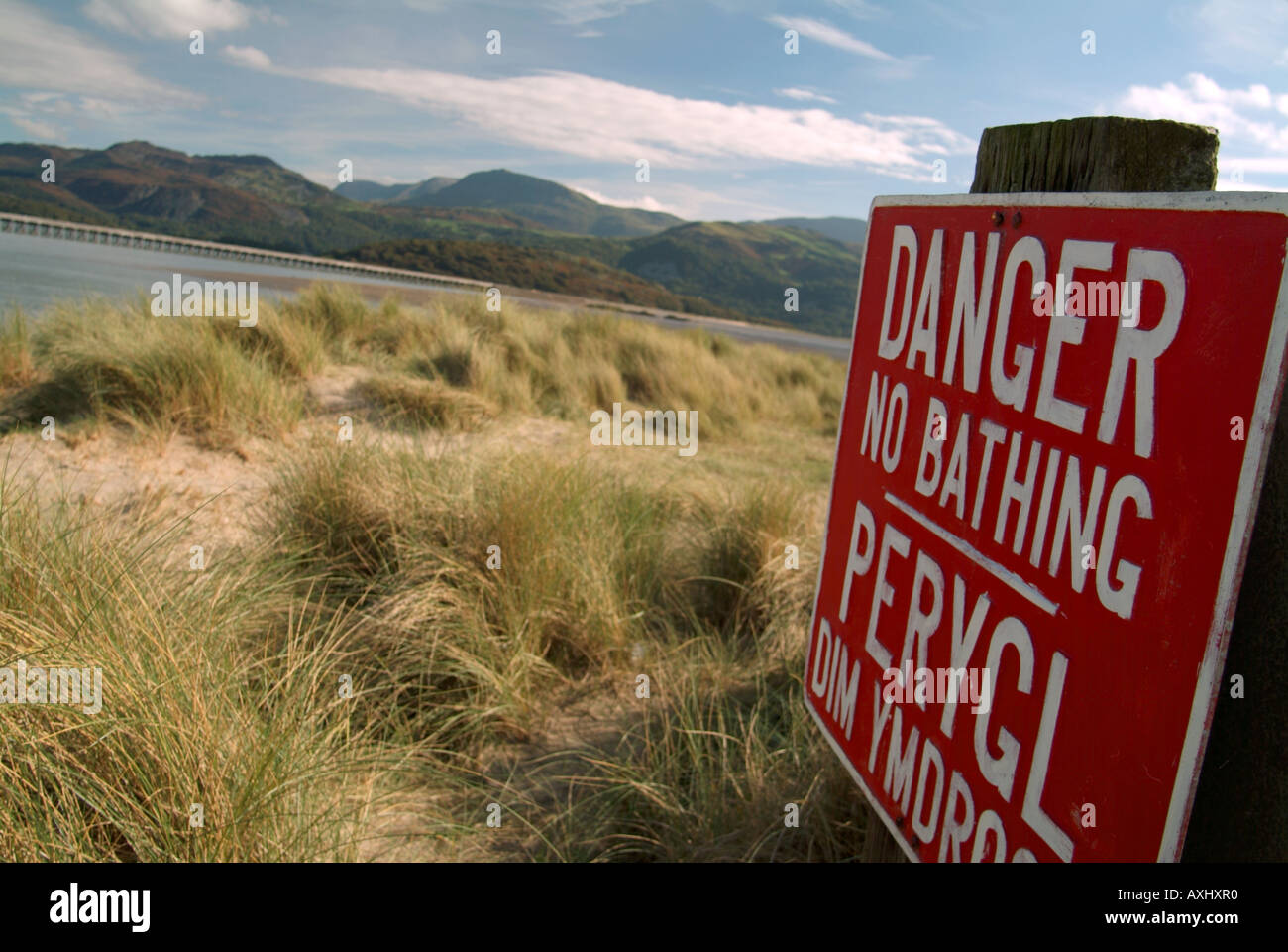 No bathing danger sign Fairbourne Barmouth Snowdonia Wales UK Stock ...