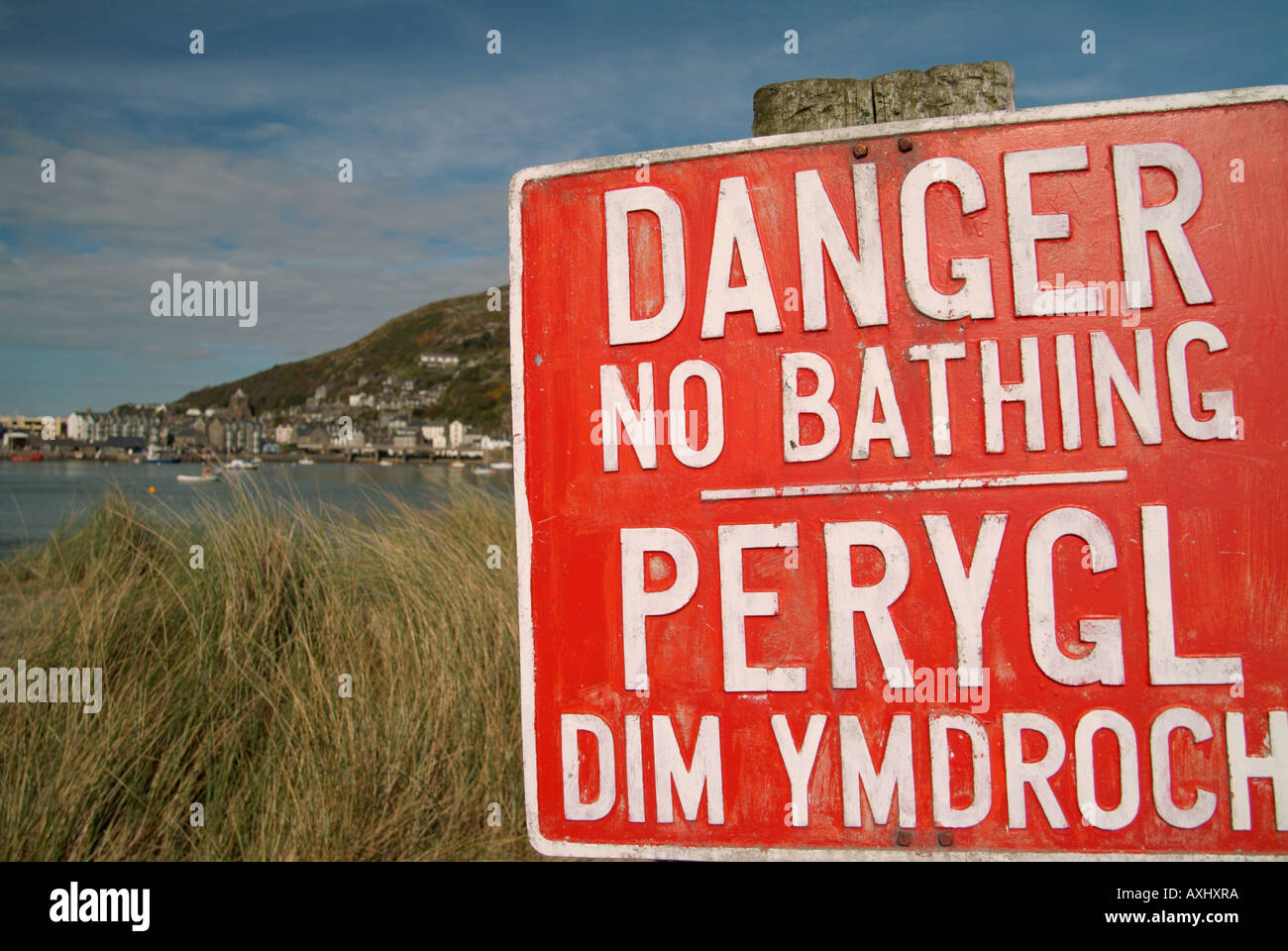 No bathing danger sign Fairbourne Barmouth Snowdonia Wales UK Stock ...