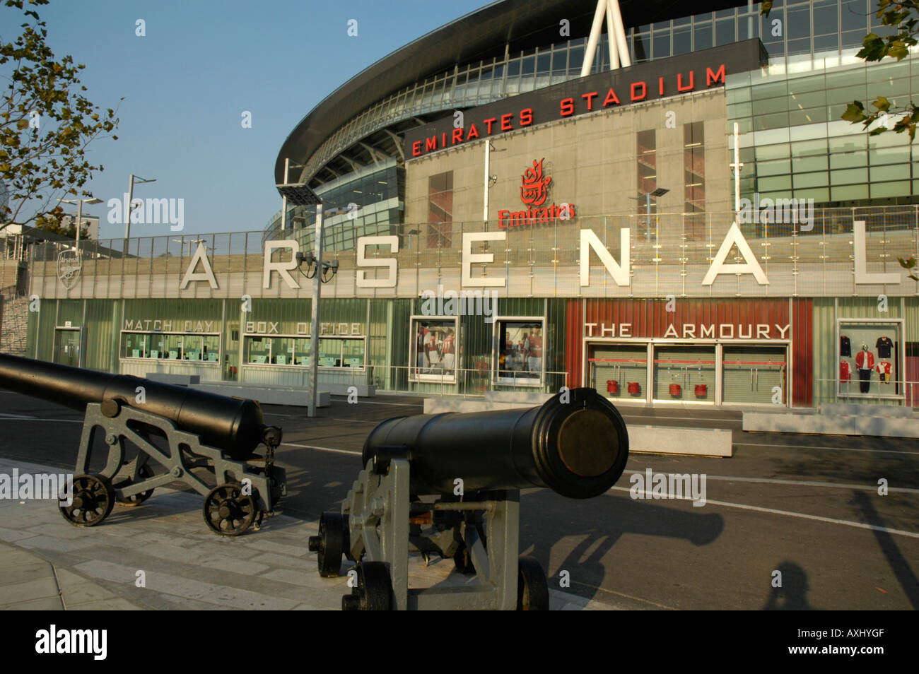 View of the new Arsenal Emirates Football Stadium showing canons ...