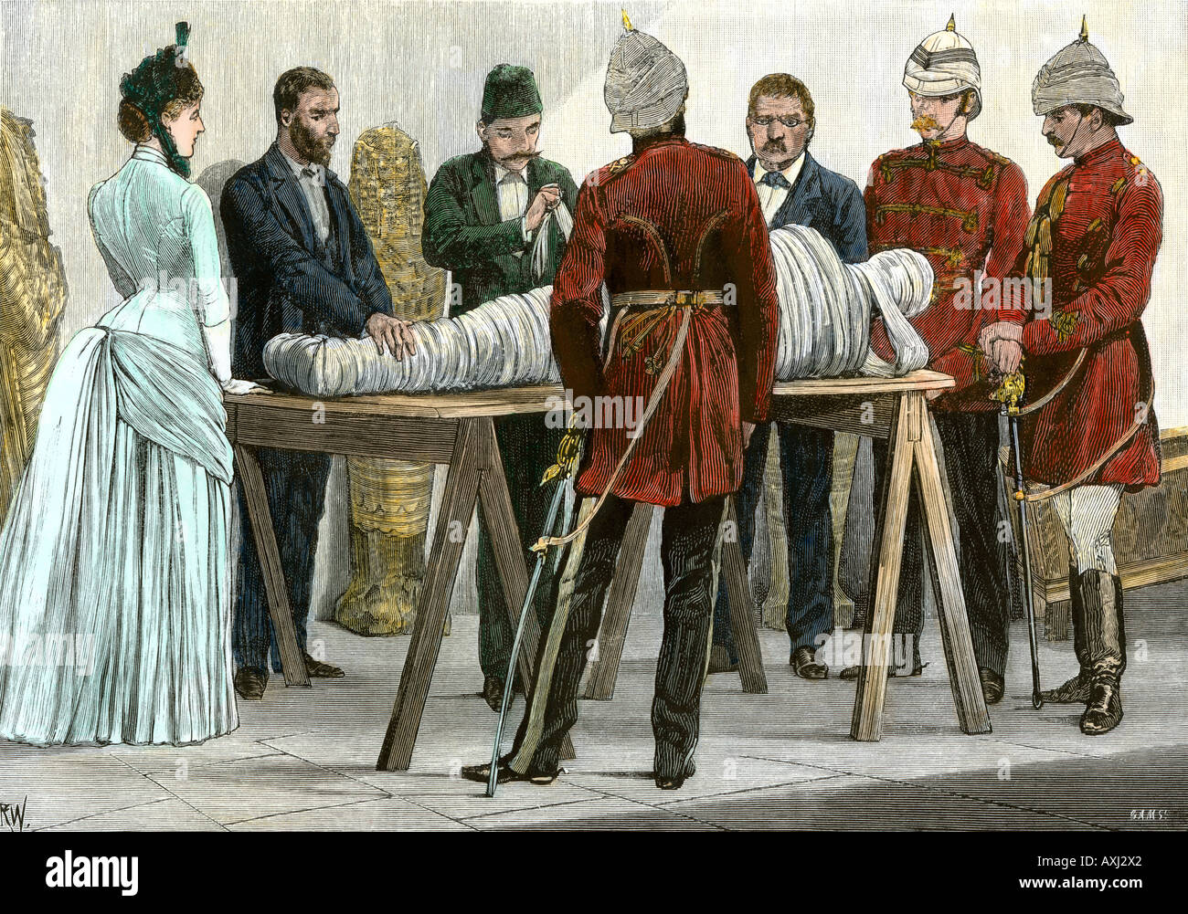 British and Egyptian officials unwrapping mummies in the Boulak Museum ...