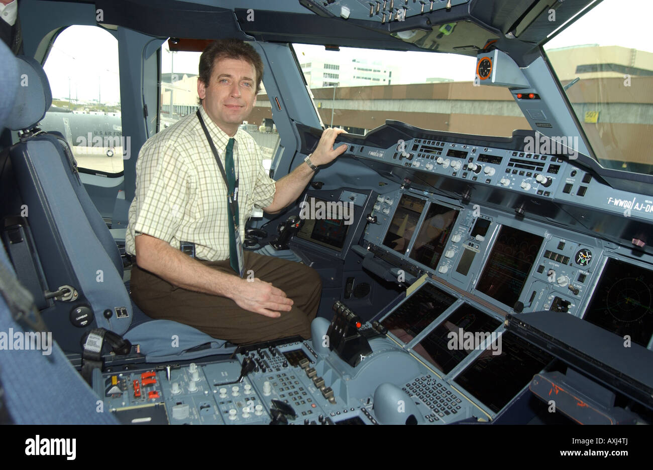 Airbus A380-800 test pilot Pascal Verneau in the cockpit at the ...