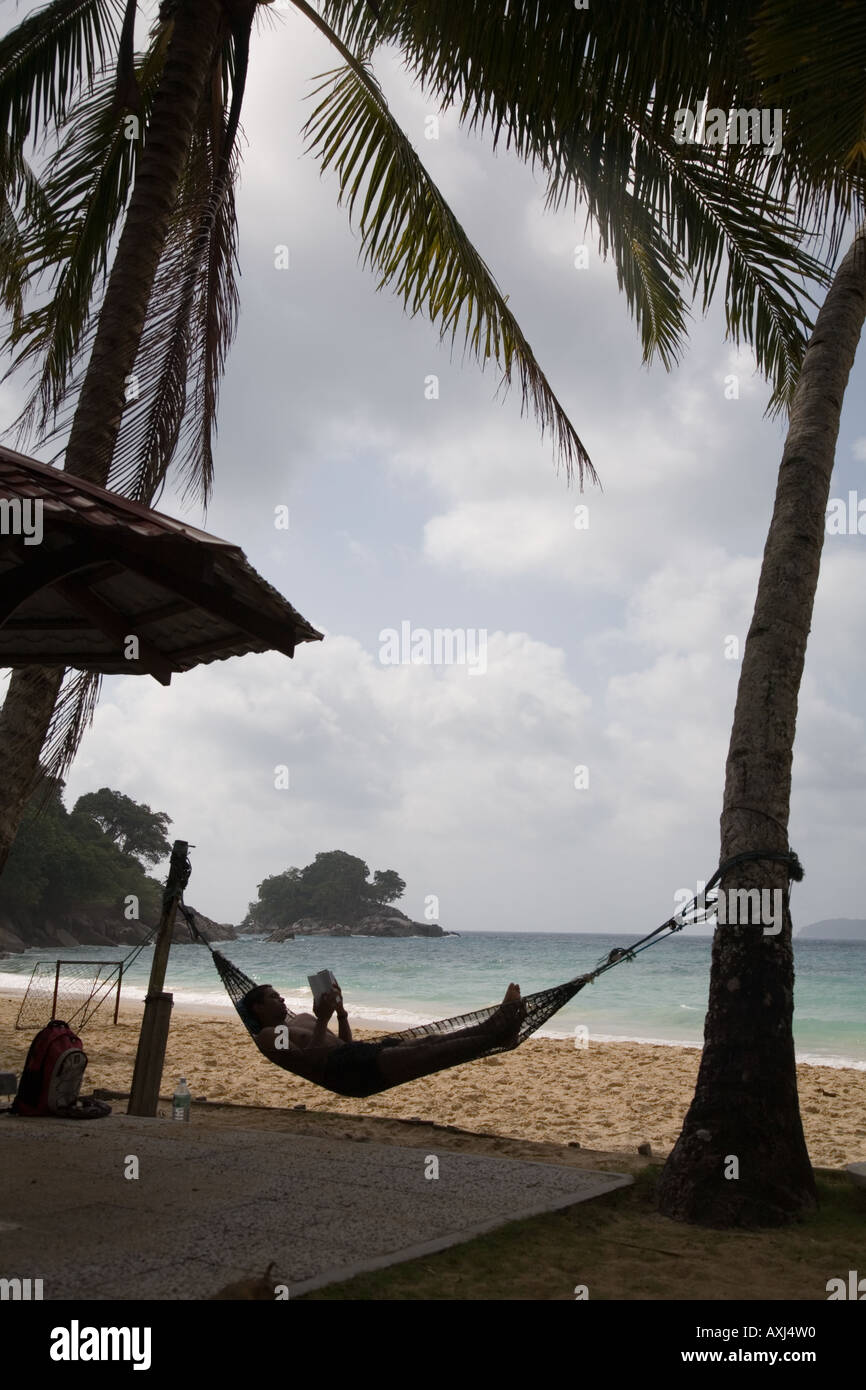Tourist reading a book whilst in a hammock. Salang village. Tioman ...