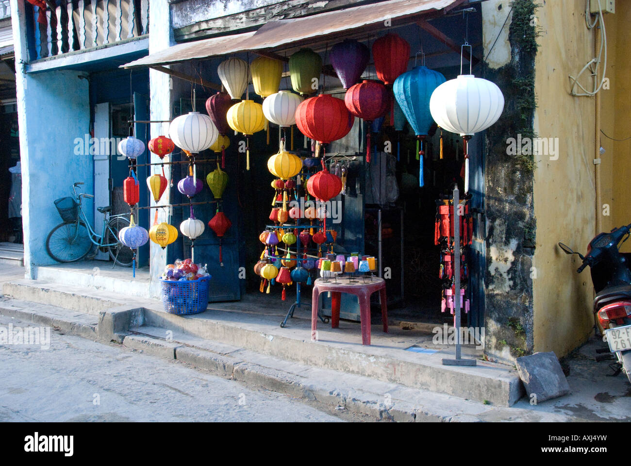 Shop display of many different colours, designs and sizes of lanterns ...
