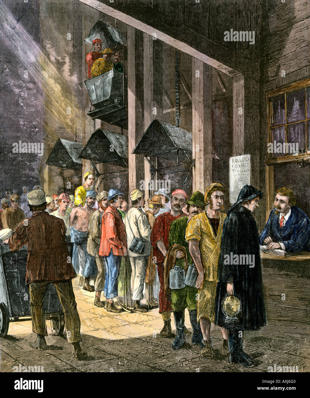 Nevada silver miners changing the shift 1870s. Hand-colored woodcut ...