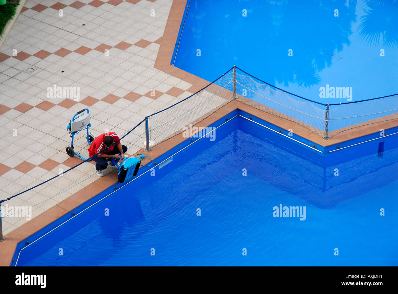 Man Cleaning the hotel swimming pool Stock Photo - Alamy