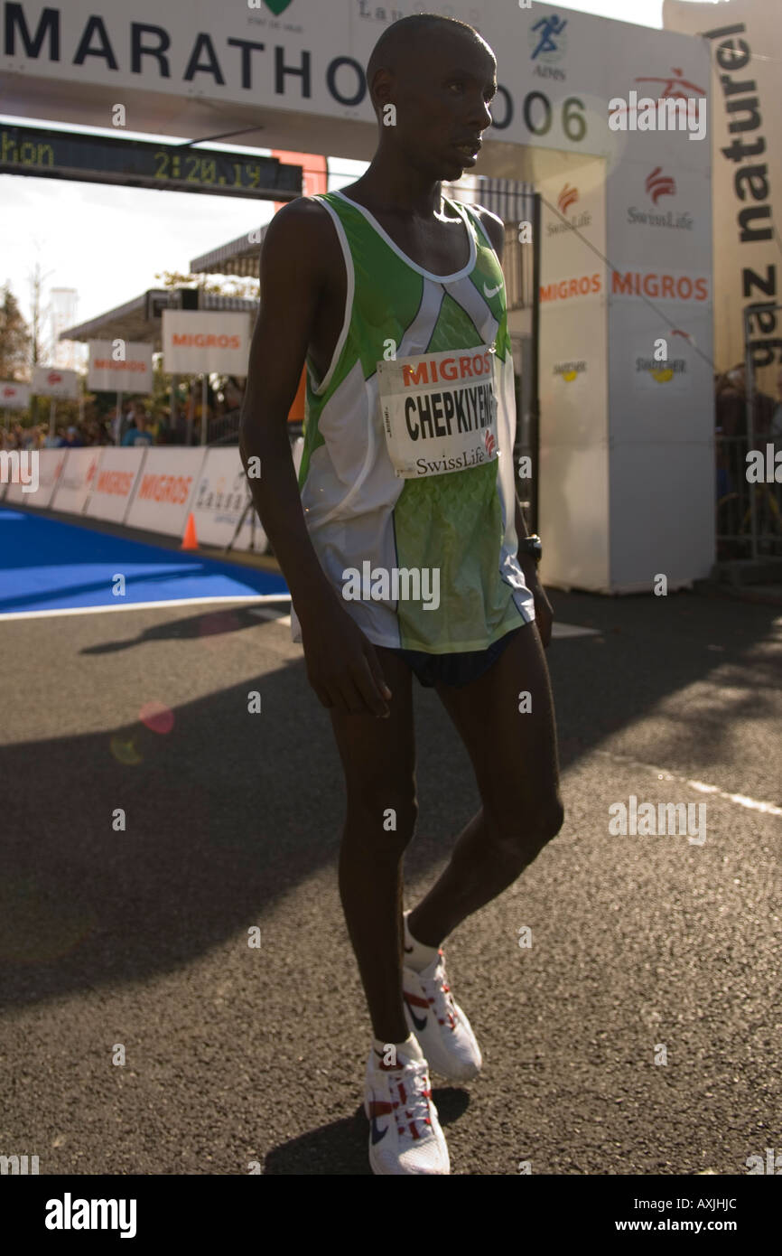 Kenyan athlete Chepkiyeng at the finish of the Lausanne marathon ...