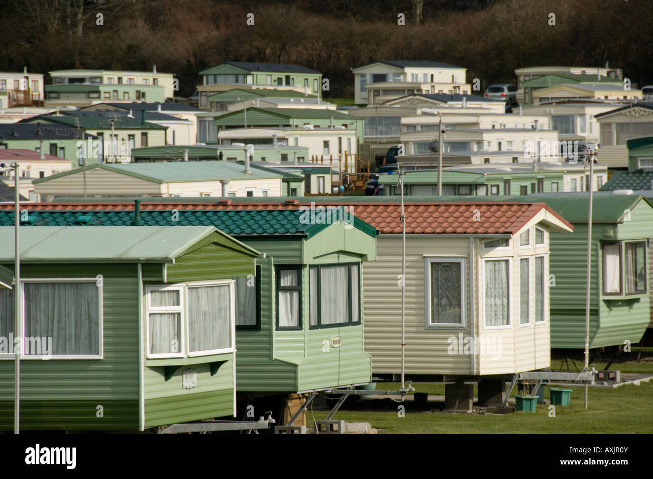 rows of green static caravans mobile trailer homes on Aeron Caravan ...