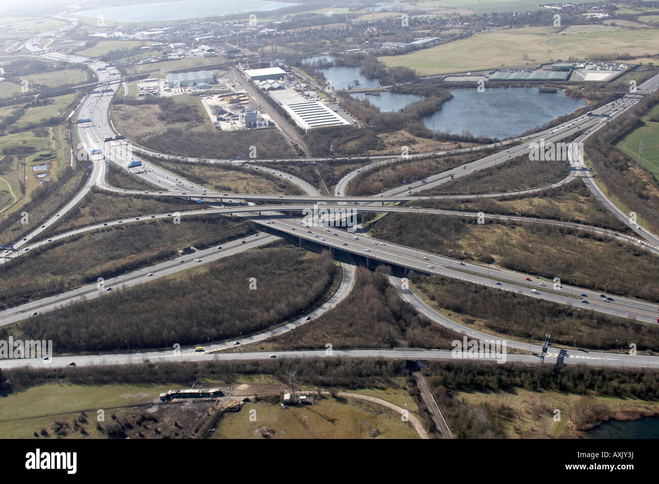 High level oblique aerial view south of M25 Motorway J15 M4 and ...
