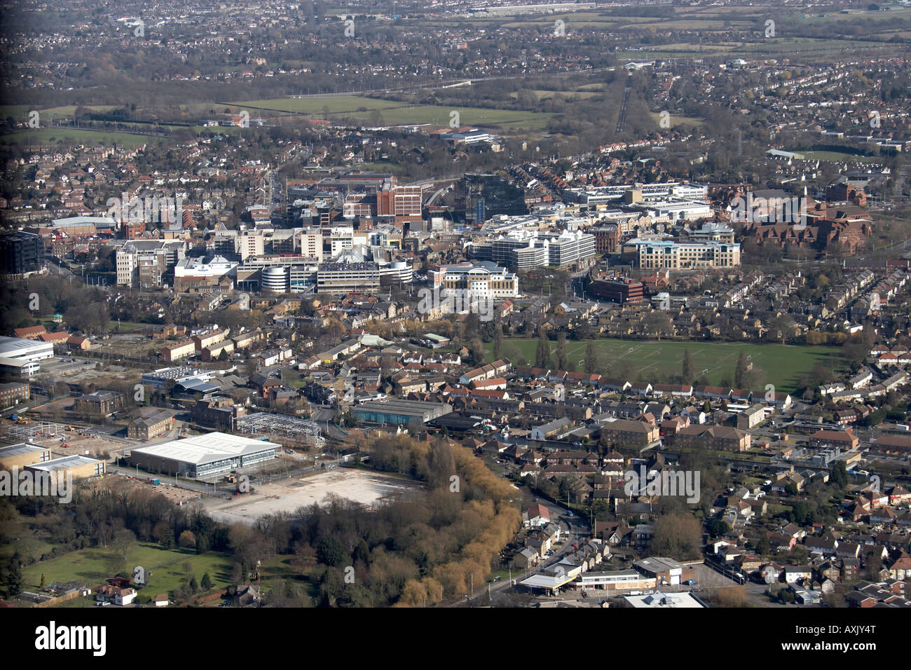 High level oblique aerial view east of Uxbridge London UB10 England UK ...