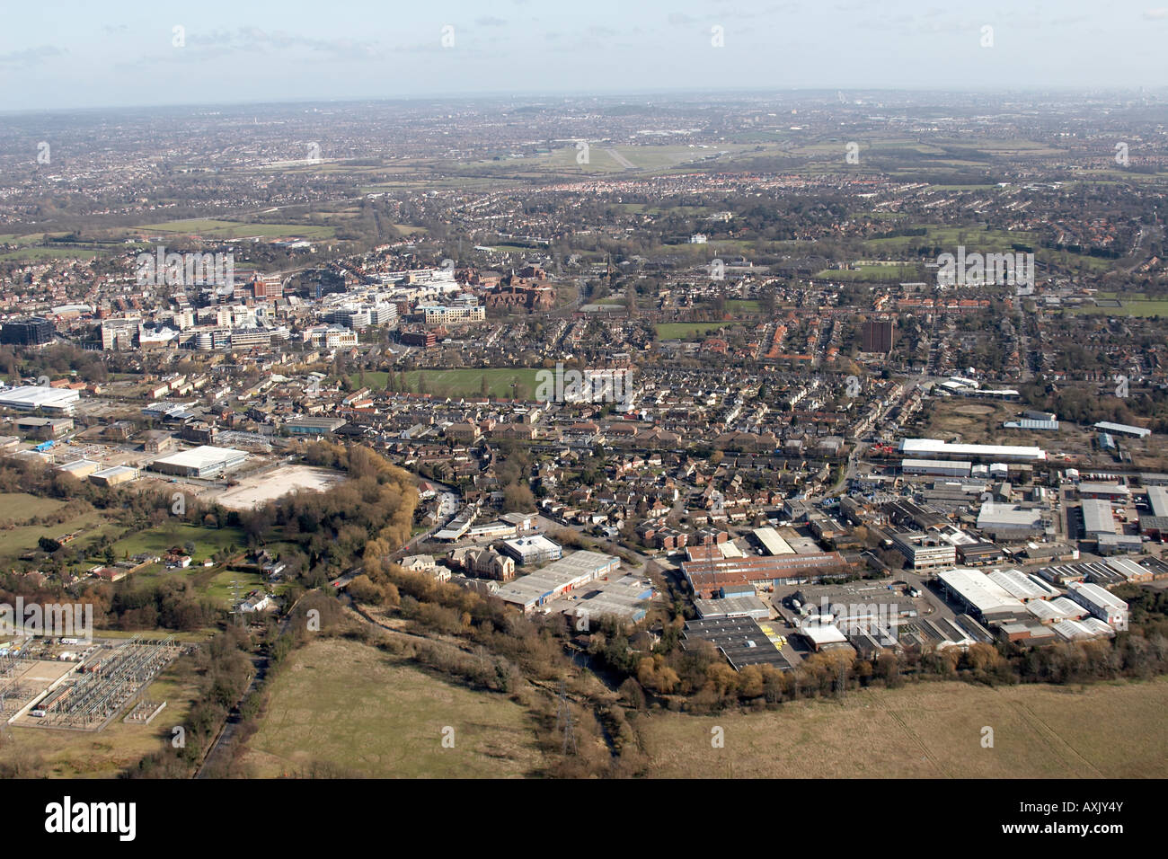 High level oblique aerial view east of Uxbridge London UB10 England UK ...