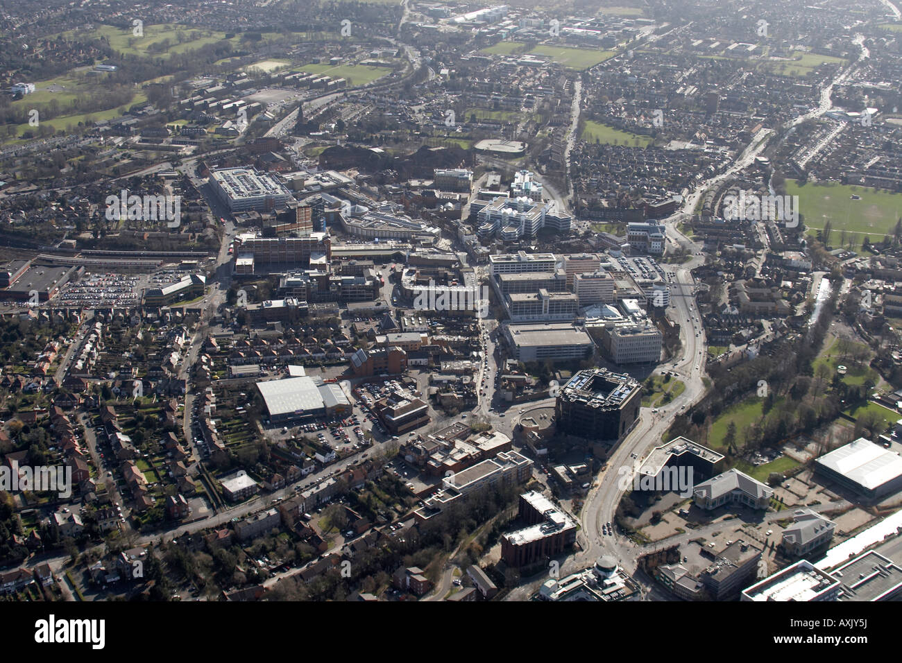High level oblique aerial view south of Uxbridge train station and town ...