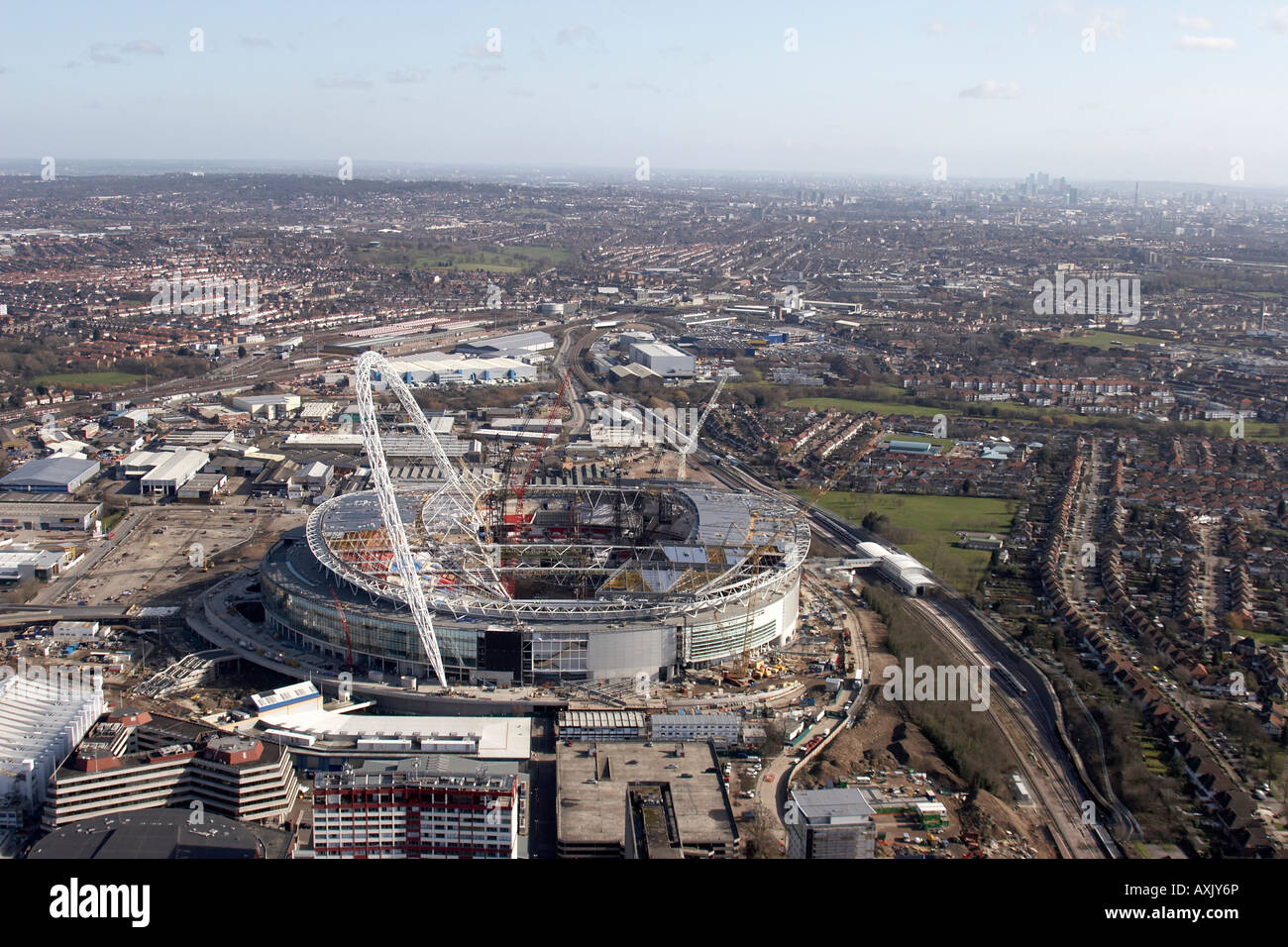 High level oblique aerial view east of Wembley Stadium building ...