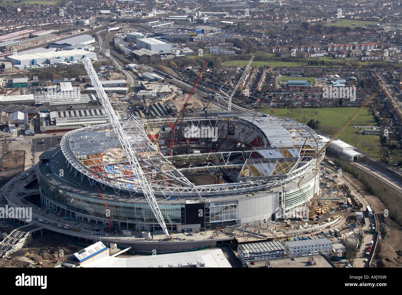 High level oblique aerial view south east of Wembley Stadium building ...