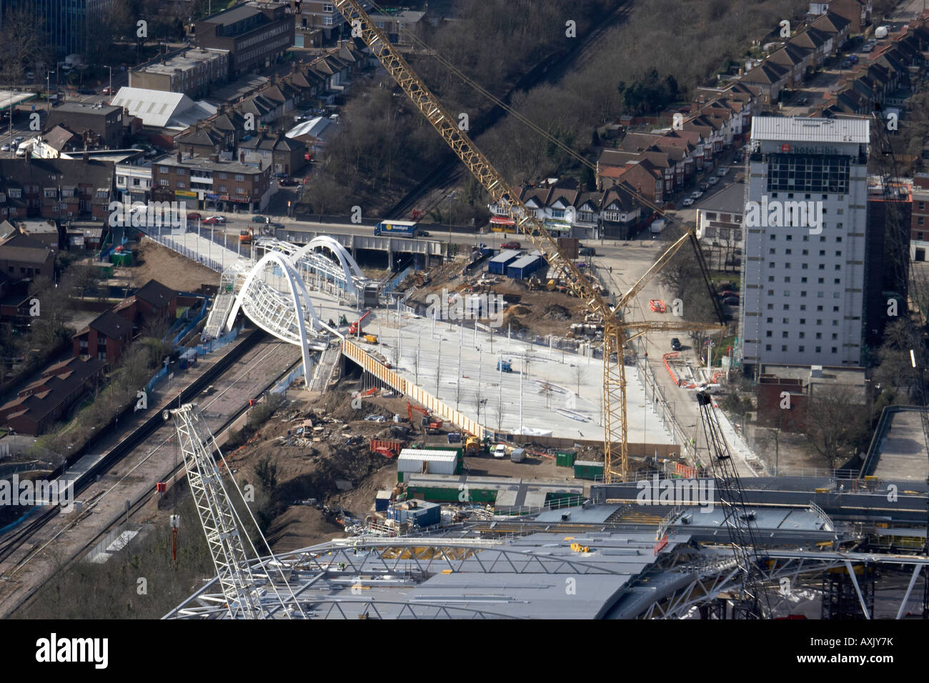 High level oblique aerial view west of Wembley Stadium building ...