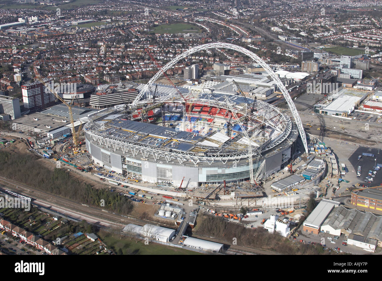 High level oblique aerial view north west of Wembley Stadium building ...