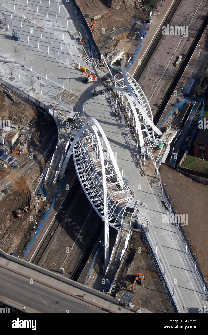 High level oblique aerial view north east of new bridge next to Wembley ...