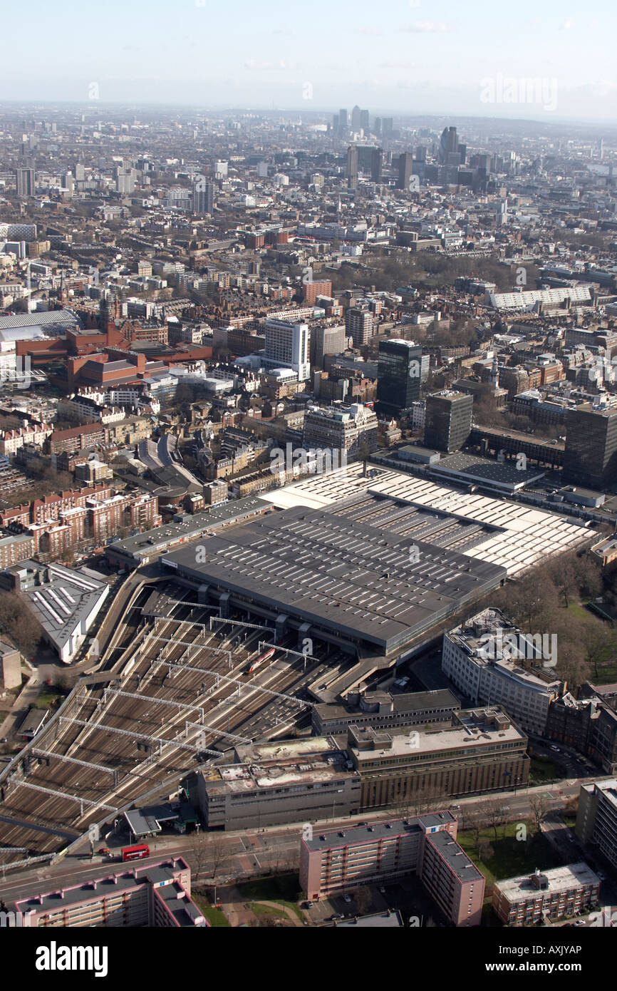 High level oblique aerial view east of Euston Main line station City of ...