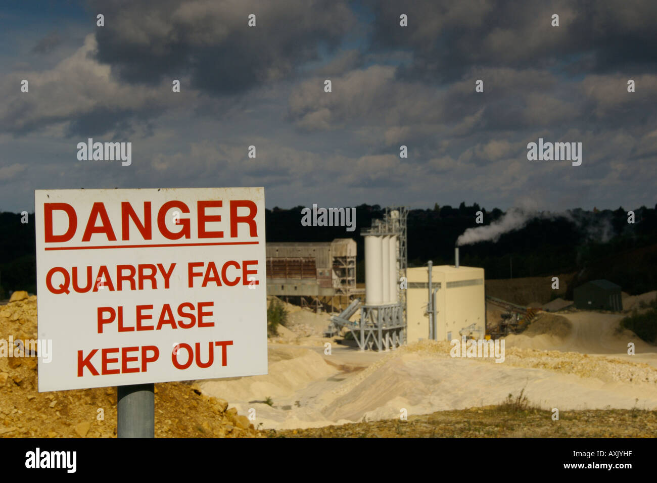 A Danger sign posted above the face of a working quarry with the quarry ...