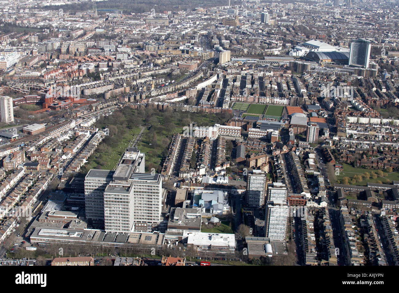 High level oblique aerial view north east of Barons Court Hammersmith ...