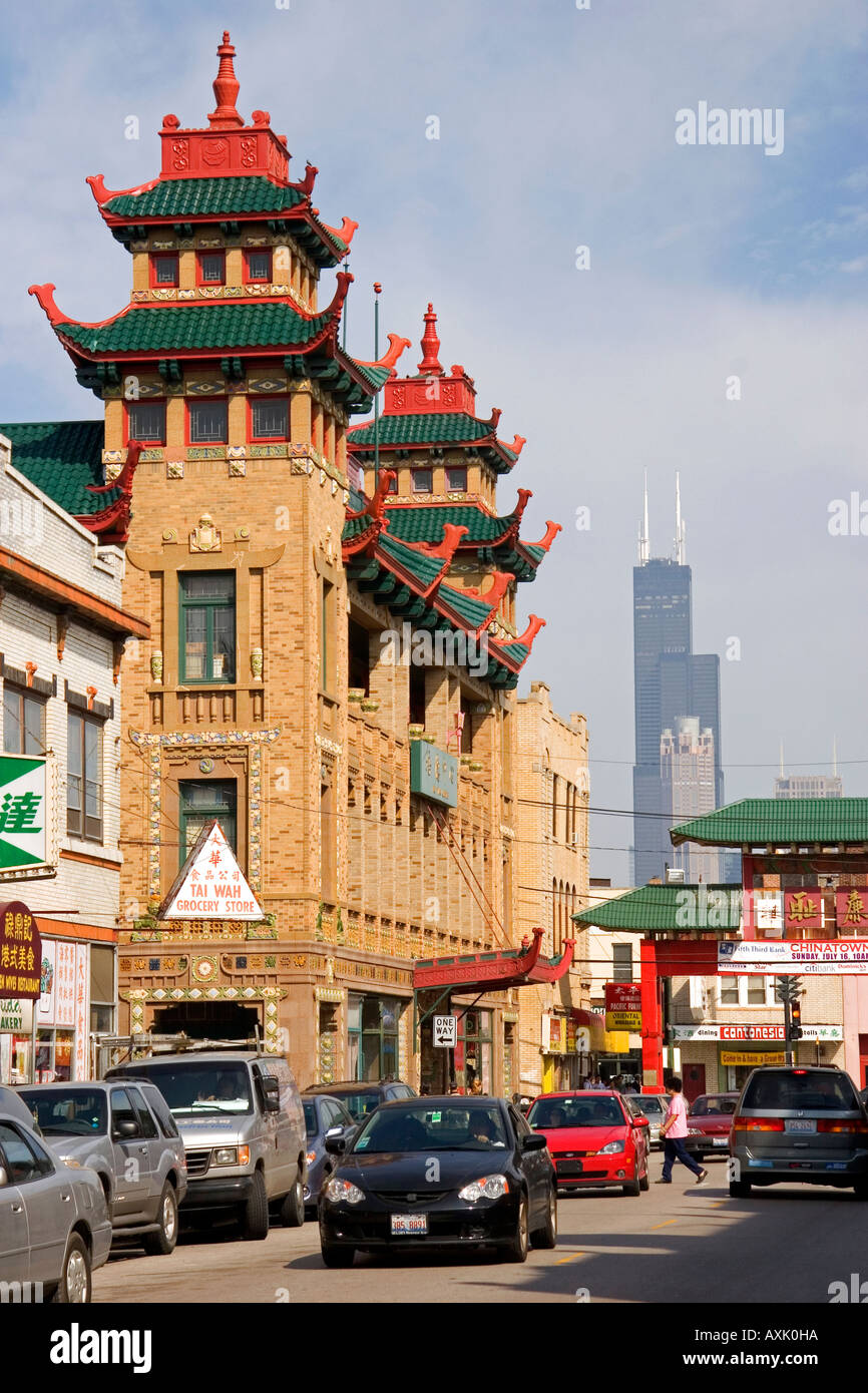 Historic On Leong building in Chinatown with Sears Tower in the ...