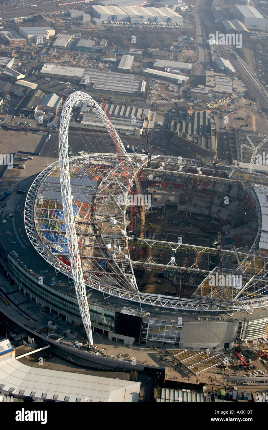 High level oblique aerial view east of Wembley Stadium building ...