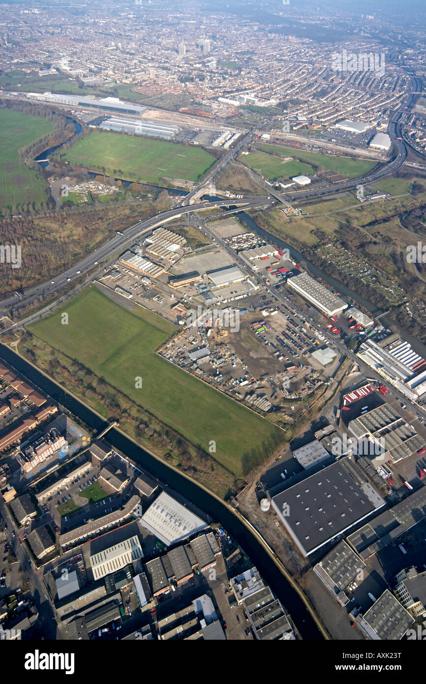 High level oblique aerial view north east of Hackney Wick Works Arena ...
