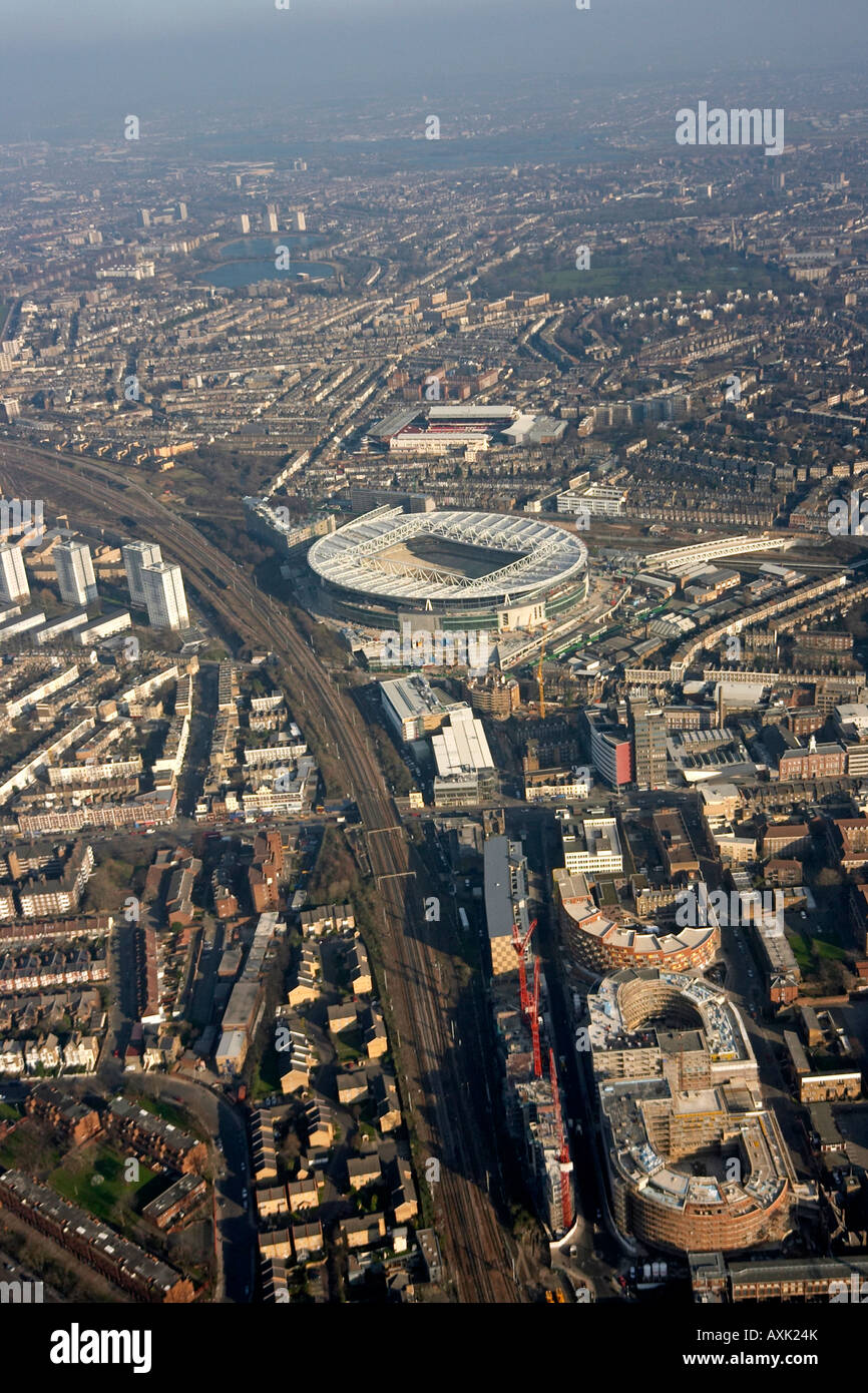 High level aerial view east of Arsenal Football Club Emirates Stadium ...