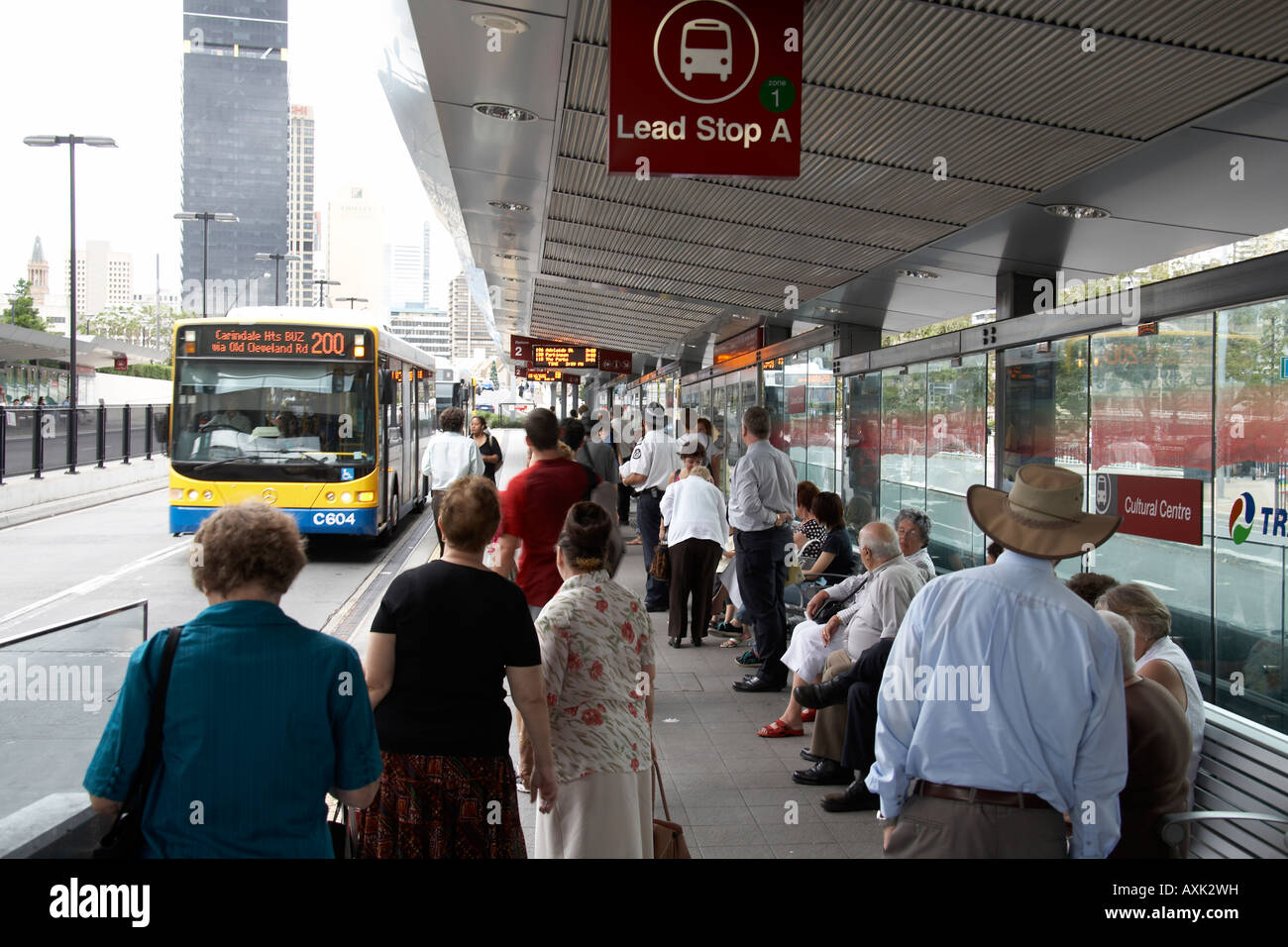 Bus station with people by Victoria bridge in Brisbane Queensland QLD ...