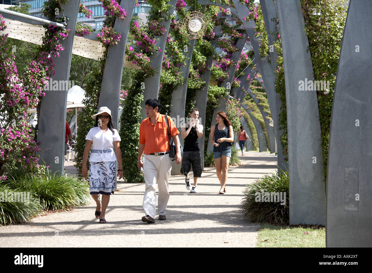 Sculptural contemporary Arbour walkway with people and bougainvilla on ...