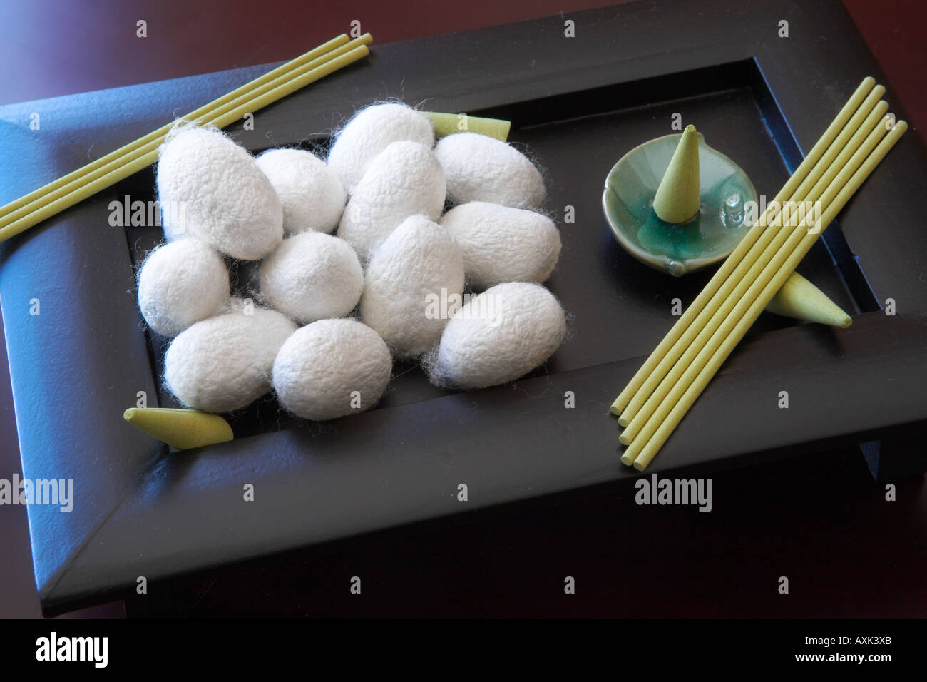 silk worm cocoon white green gormet food foreign white fuzz puff stick ...