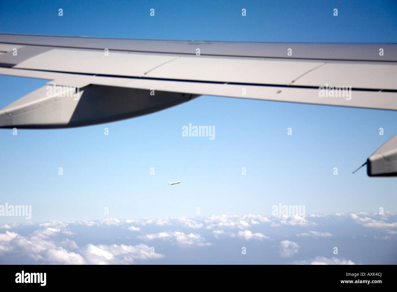 Aerial view of aircraft in flight in blue sky from the air viewed from ...