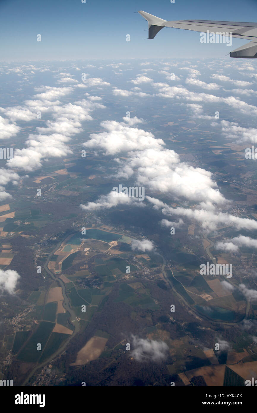 Aerial view French countryside from the air with cumulus clouds and ...