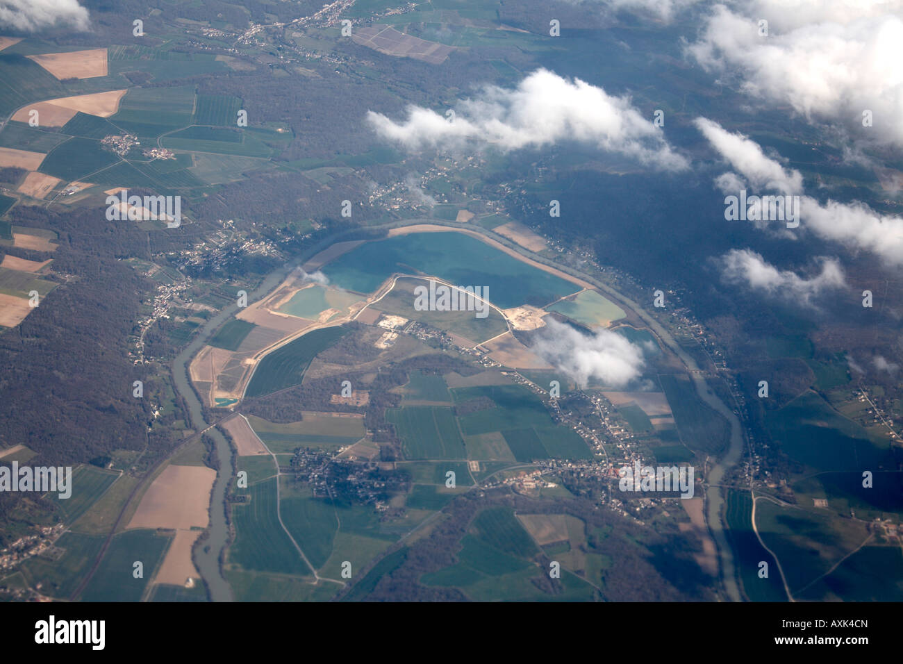 Aerial view French countryside from the air with cumulus clouds river ...