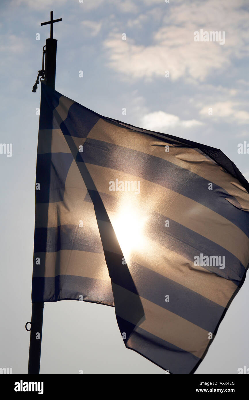 Greek flag backlit by sunlight behind in Attica or Atiki Greece Stock ...