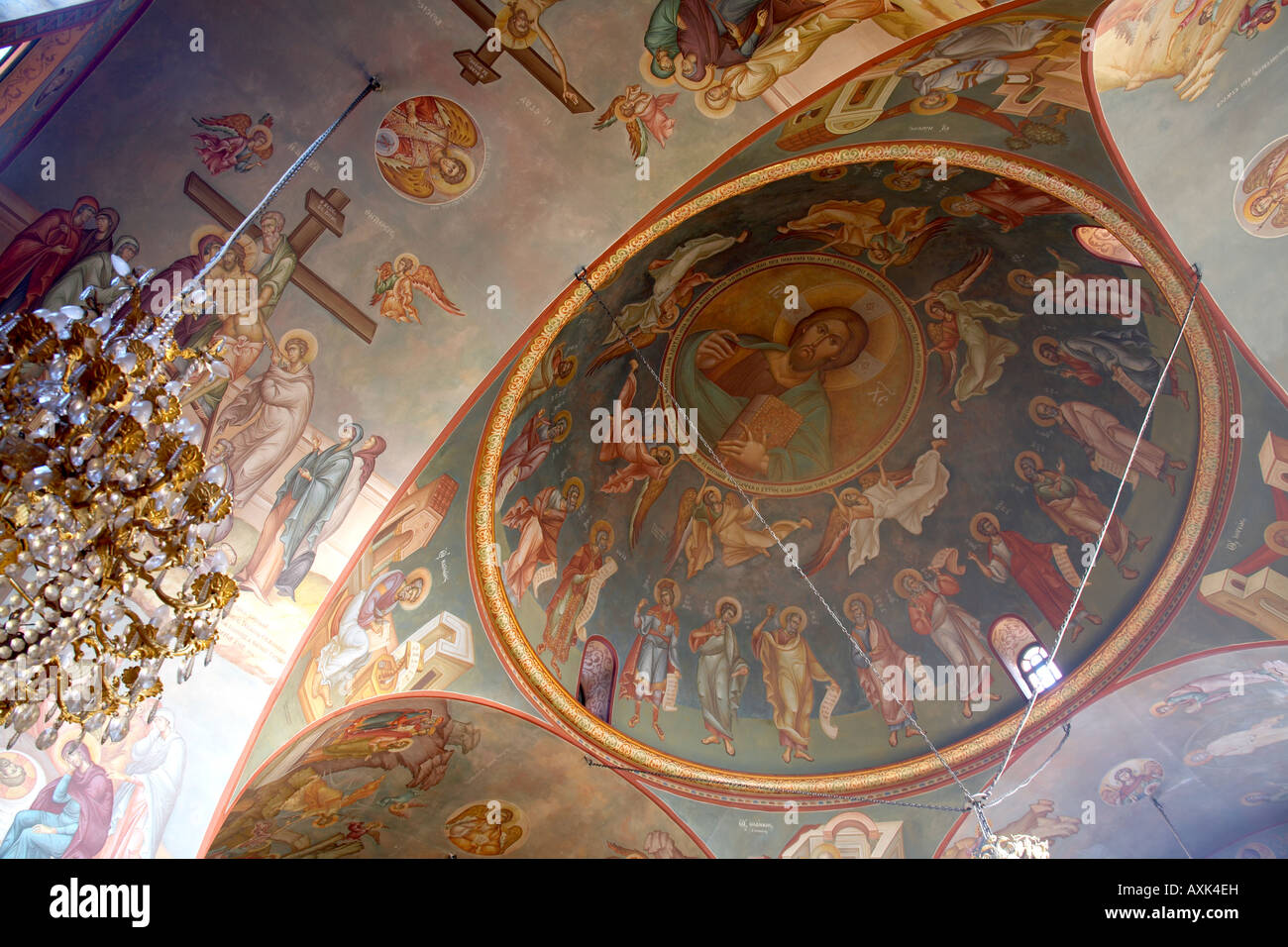Painted murals on interior dome of Greek orthodox church in Saronida ...