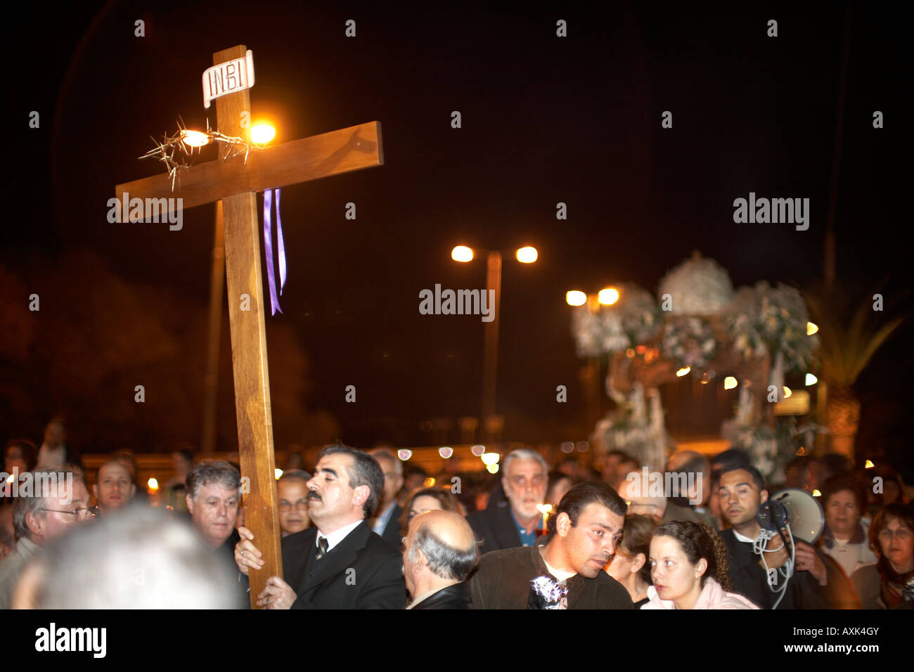 Night time Easter Good Friday procession of Epitaphio through streets ...