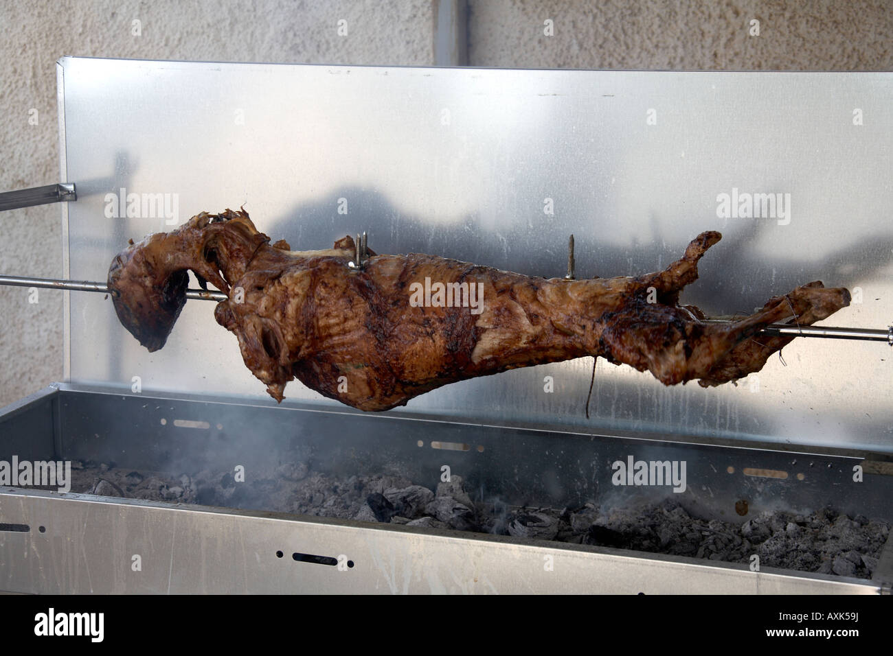 Whole lamb or sheep being barbeque roasted on spit over charcoal for ...