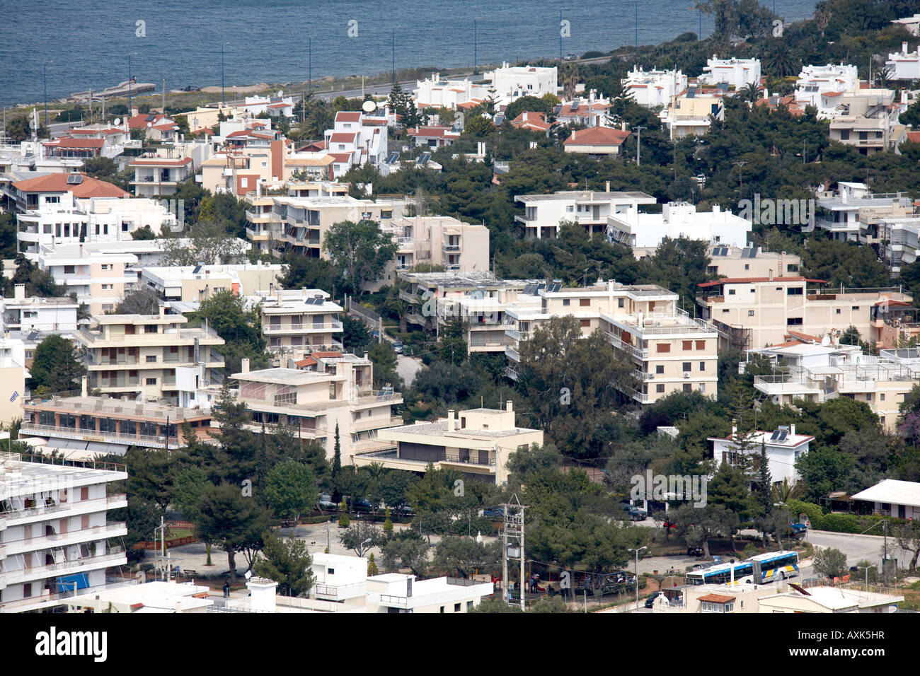 Houses and appartment blocks or flats from hill above Saronida in ...