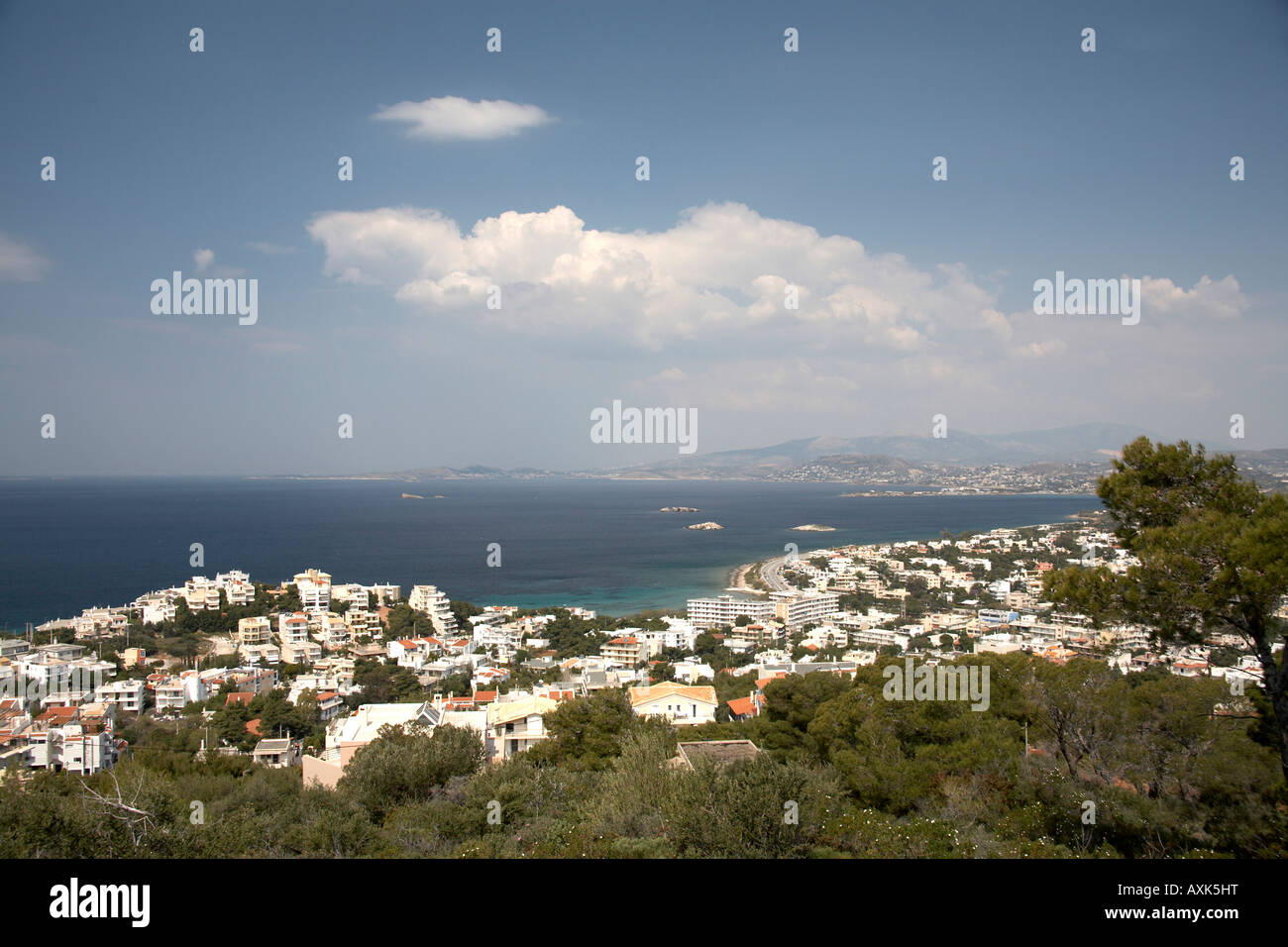 Sea and houses from green nature reserve conservation area above ...