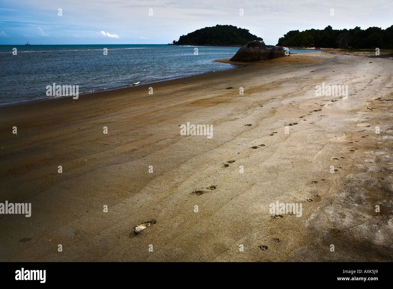 ocean water beach bank land footprints in sand rocks waves sky clouds ...