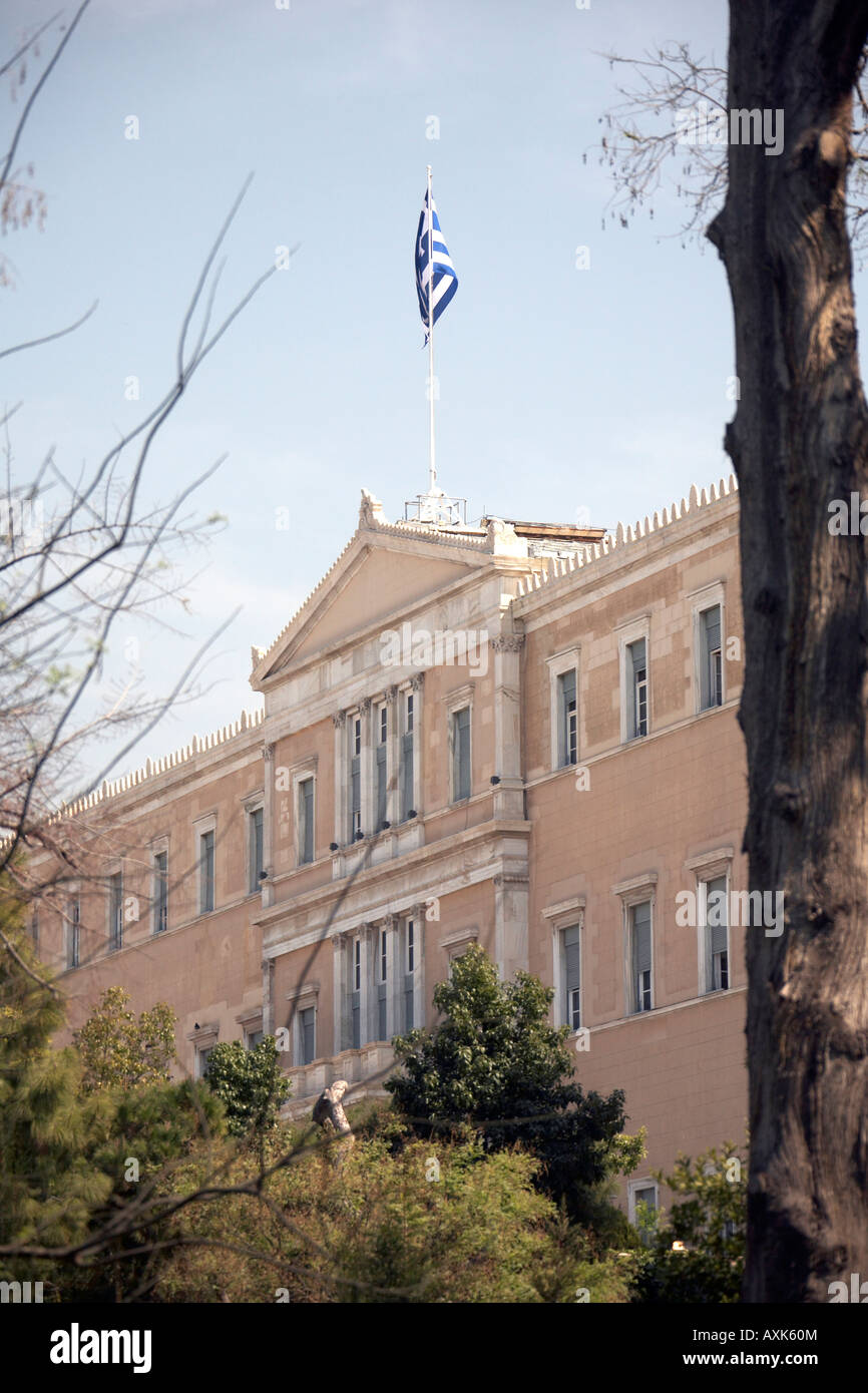 Greek National Parliament building at spring time from National Gardens ...