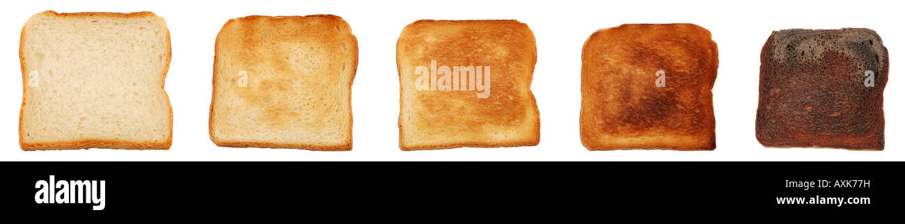 Five pieces of toast isolated over white background with clipping path ...