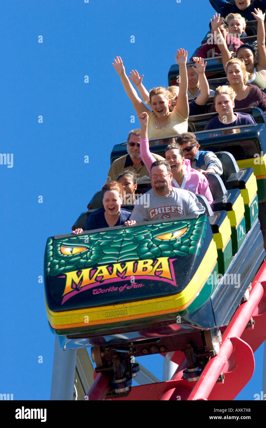 Visitors ride the Mamba roller coaster at Worlds of Fun in Kansas City ...