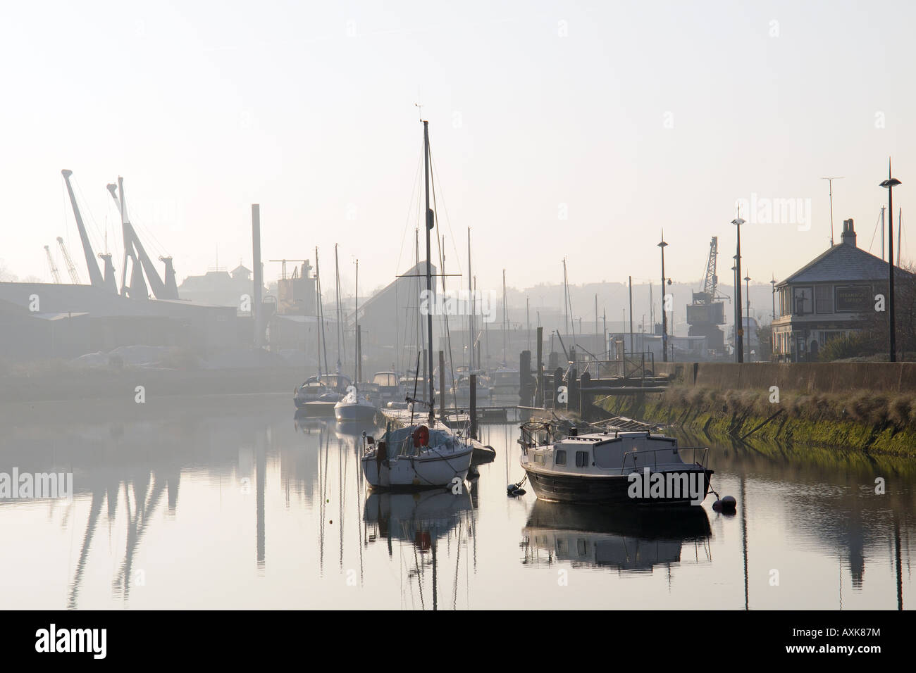 Winter morning at the Wet Dock and Neptune Quay on the River Orwell ...