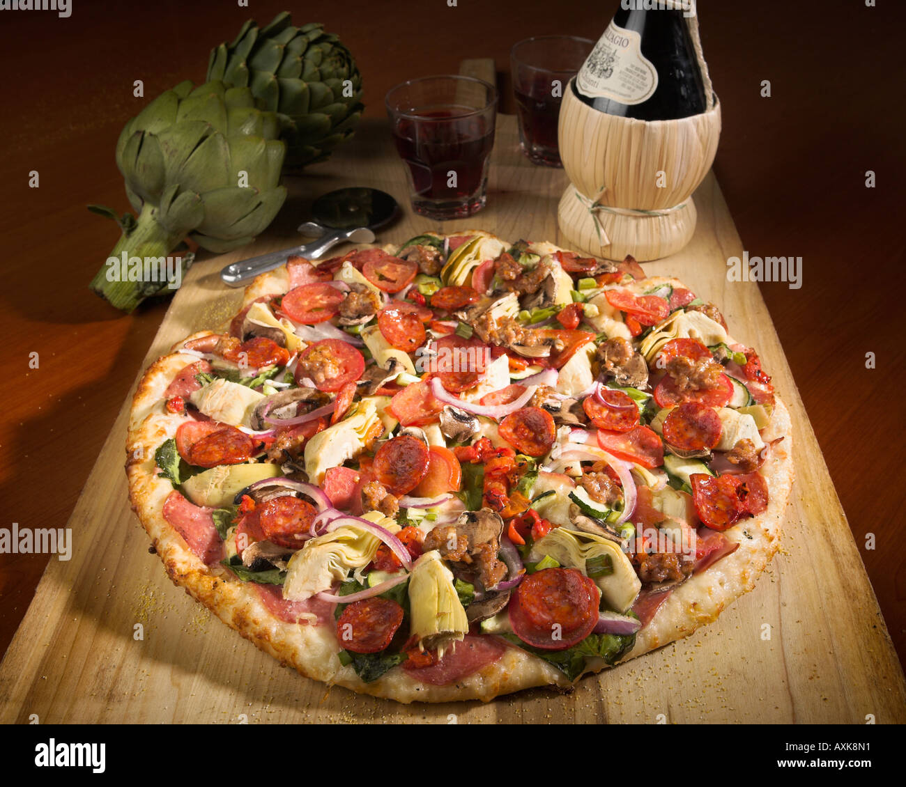 vegetable meat round circular pizza crust artichoke wine onions ...